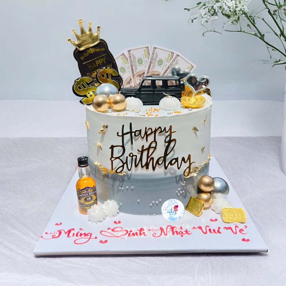 Bánh Sinh Nhật Nam Sang Chảnh Xe Hơi – Rượu – Tiền Vàng